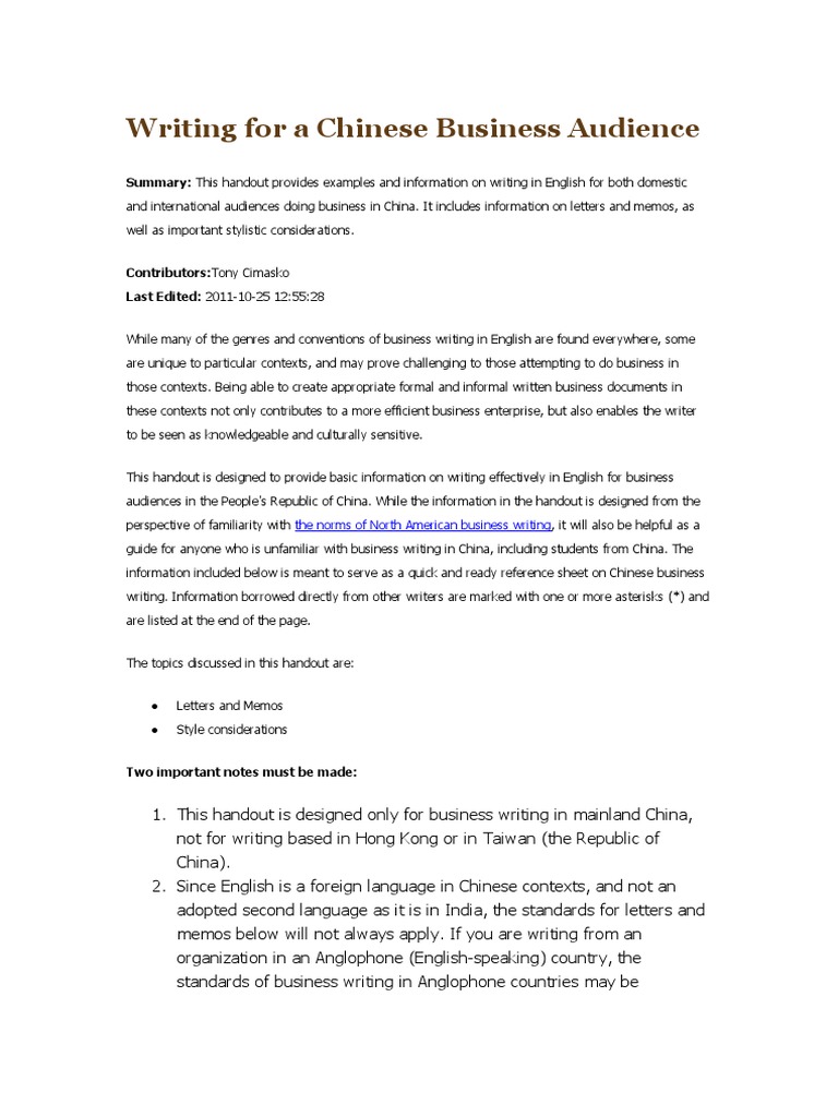 Writing For A Chinese Business Audience | PDF | Memorandum | Communication