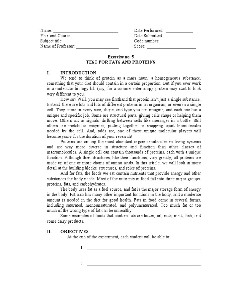 Exp. 5 Test For Fats and Proteins | PDF | Fat | Proteins