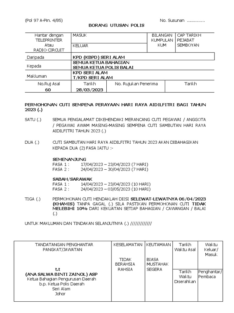 Permohonan Cuti Sempena Perayaan Hari Raya Aidilfitri Bagi Tahun 2023 | PDF