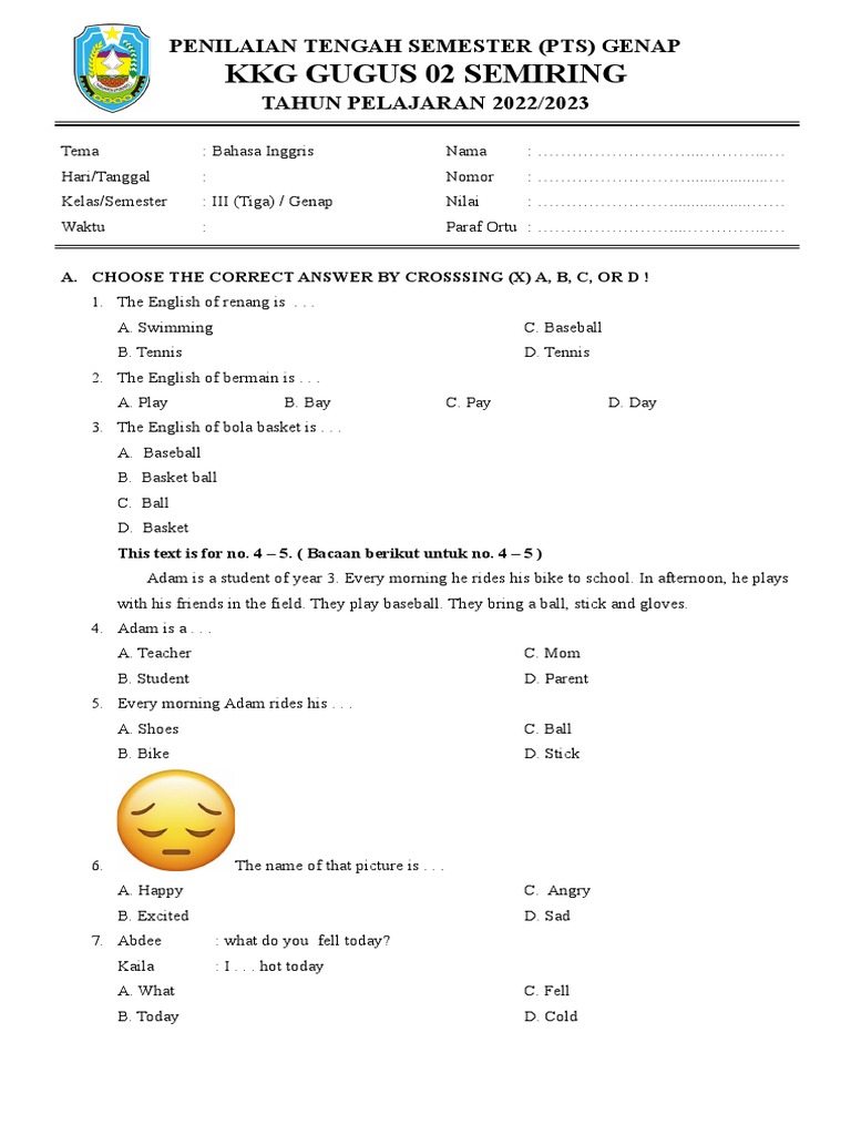 Soal PTS Genap BHS Inggris Kelas 3 | PDF