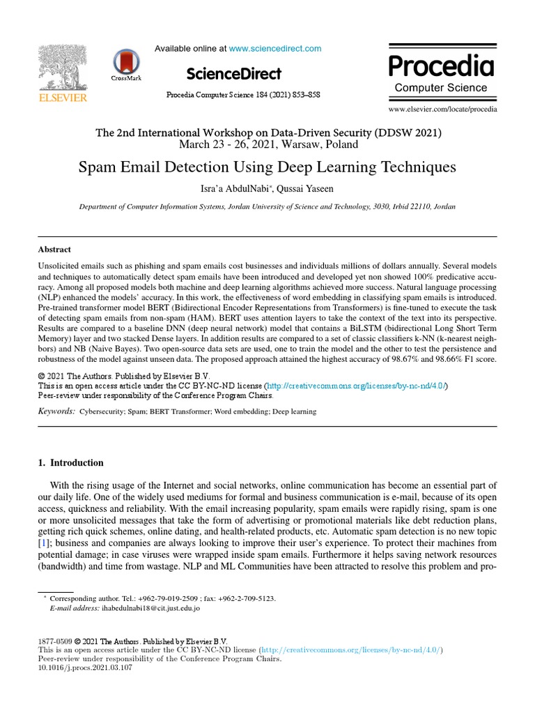 Spam Email Detection Using Deep Learning Techniques Pdf Deep