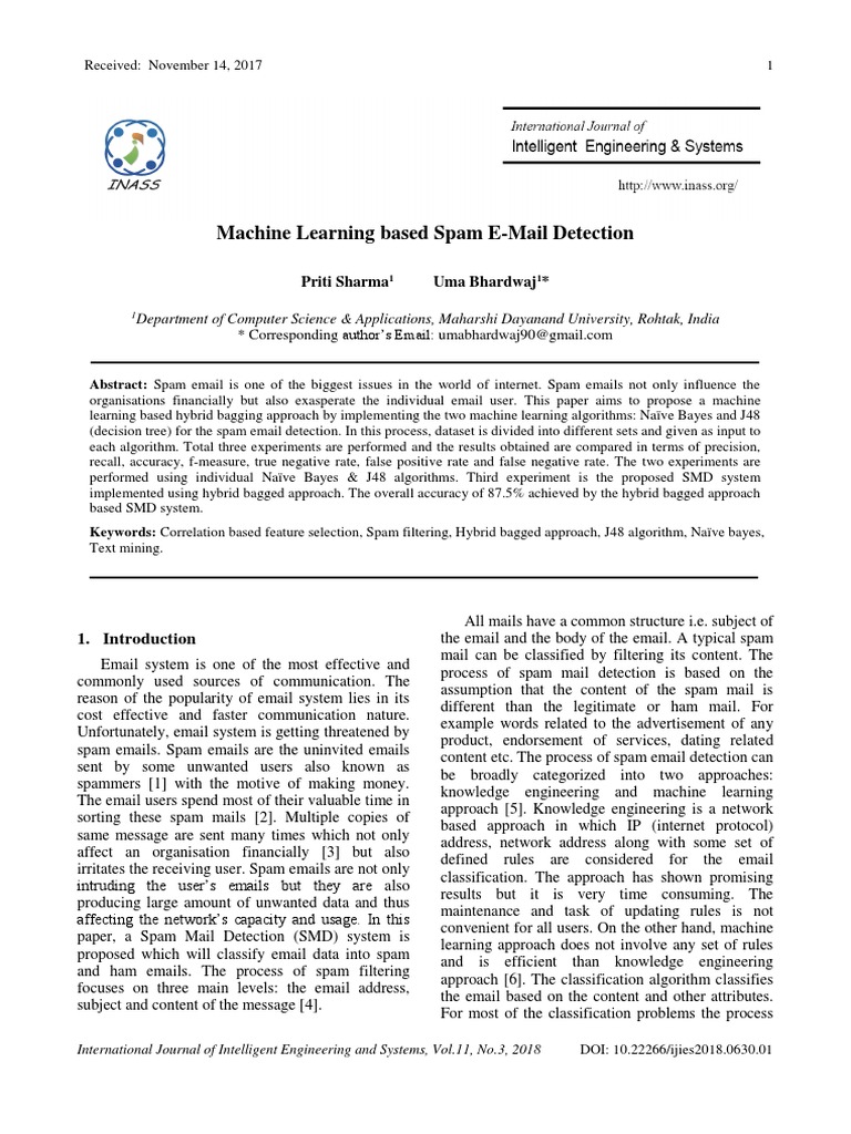 Machine Learning Based Spam E Mail Detection Pdf Statistical