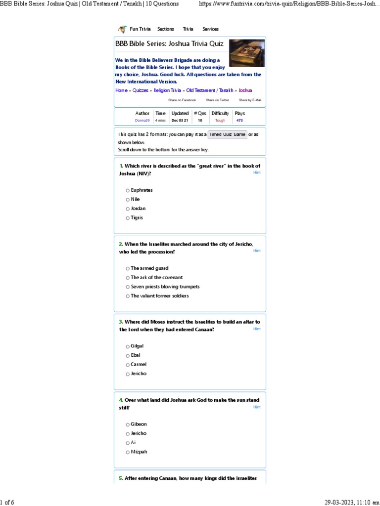 BBB Bible Series Joshua Quiz Old Testament - Tanakh 10 Questions | PDF ...