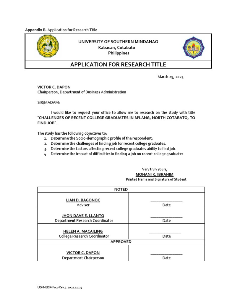 Application For Research Title: University of Southern Mindanao Kabacan ...