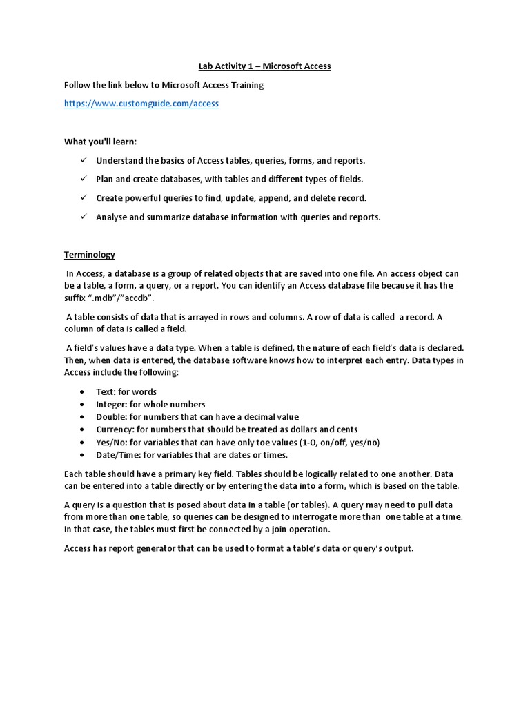Lab Activity MS Access | PDF | Databases | Microsoft Access