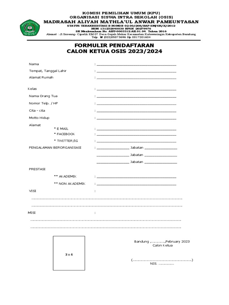 Formulir Pendaftaran Ketua Osis | PDF