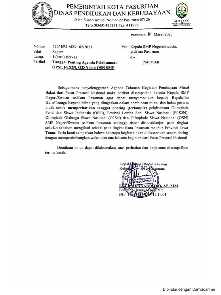 Tanggal Penting Agenda Pelaksanaan OPSI, FLS2N, O2SN, OSN SMP | PDF