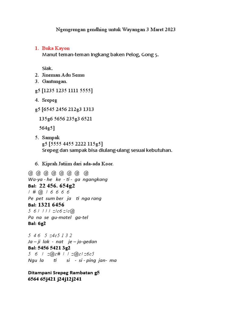 Ngengrengan Gendhing Untuk Wayangan 3 Maret 2023 | PDF