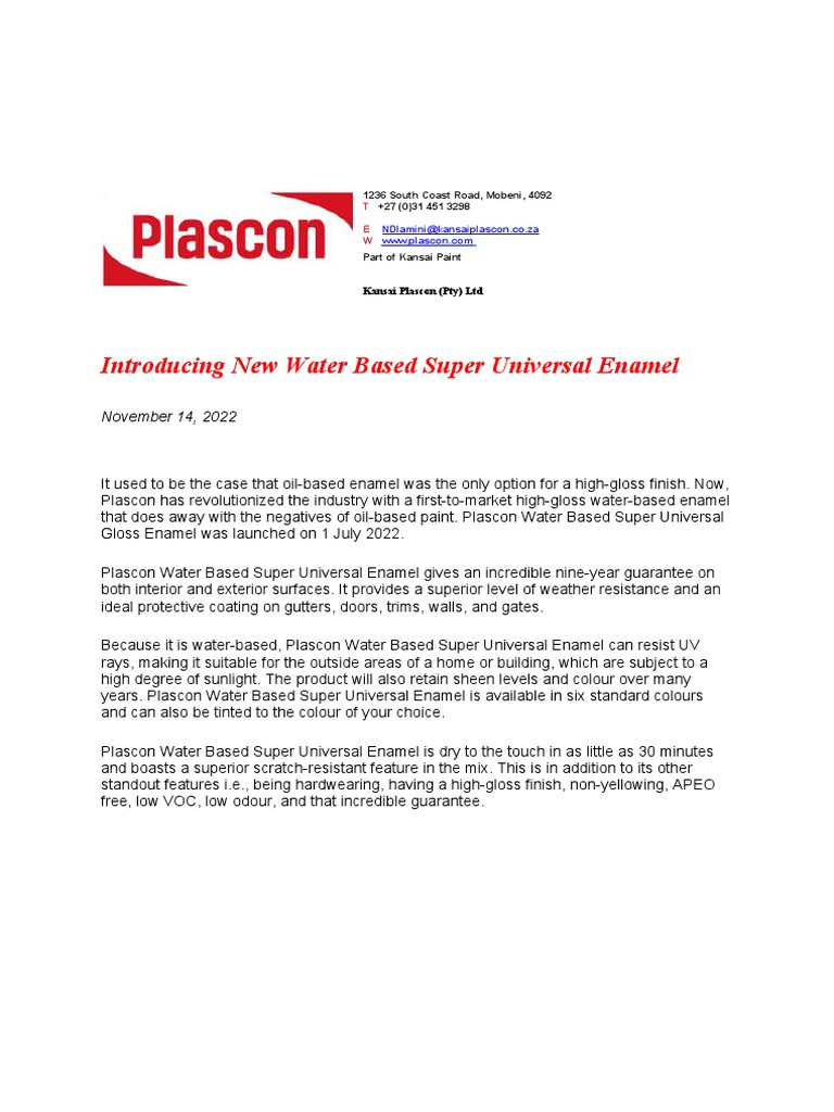 Plascon Water Based Super Enamel Launch | PDF