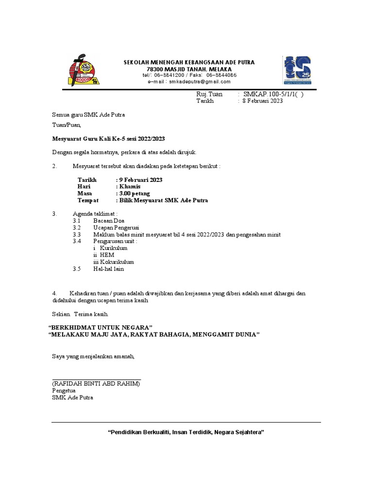 Mesyuarat Guru Kali Ke-5 Sesi 2022/2023: Ruj - Tuan: SMKAP.100-5/1/1 | PDF