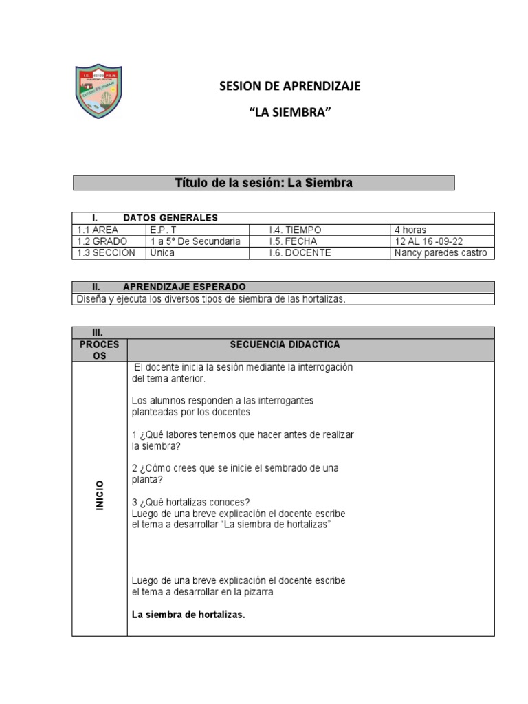 Sesion de EPT | PDF | Siembra | Aprendizaje