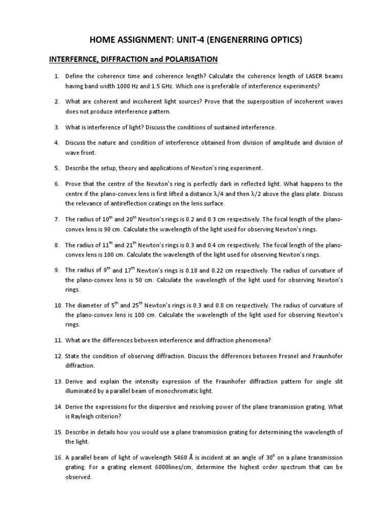 Phy Assignment UNIT4 | PDF | Laser | Diffraction