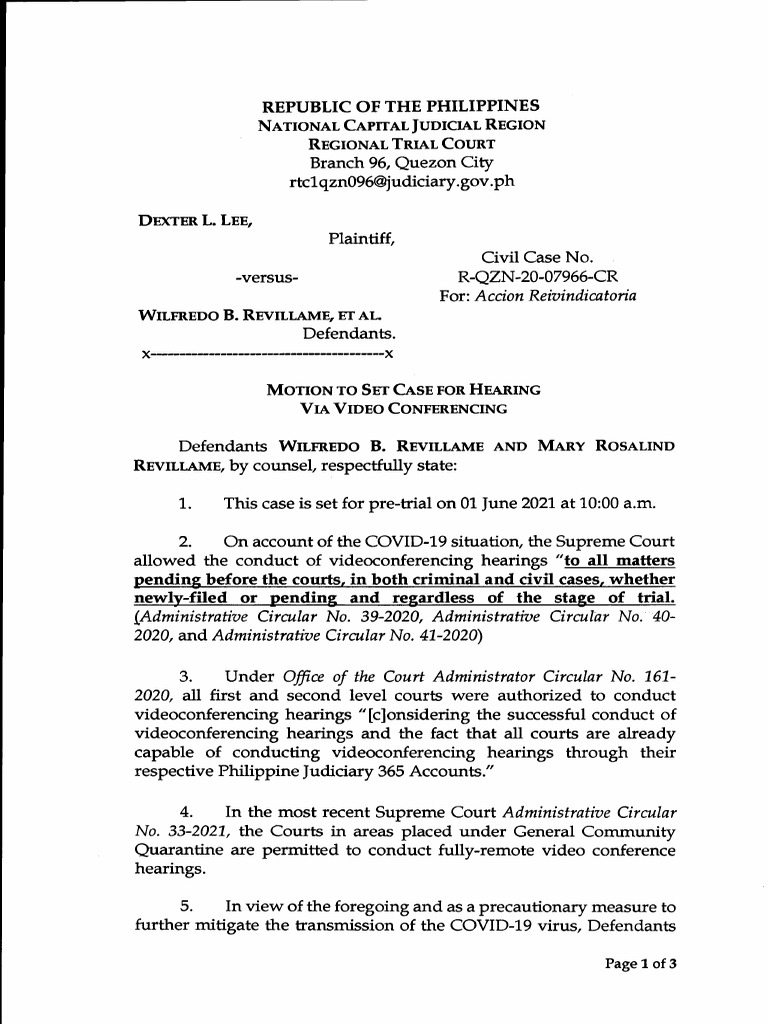 Motion To Set Case For Videoconferencing | PDF