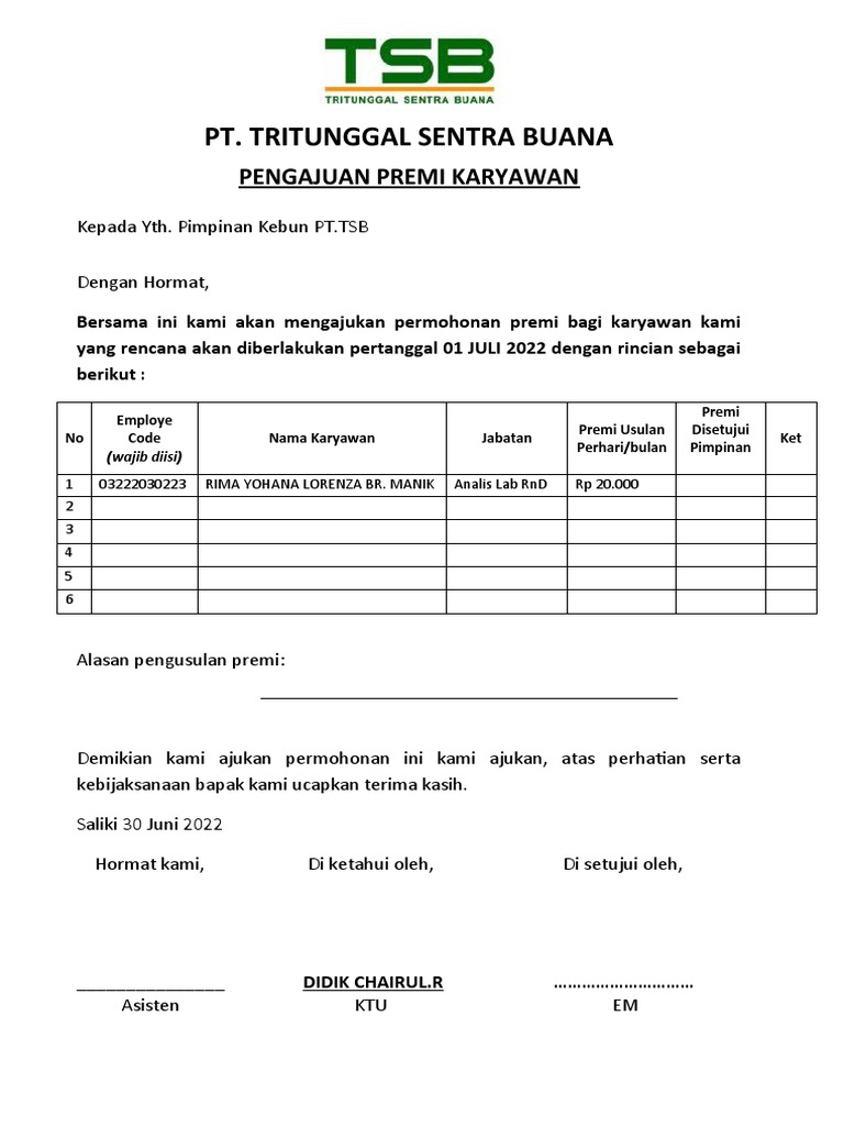 Form Pengajuan Premi Tetap | PDF