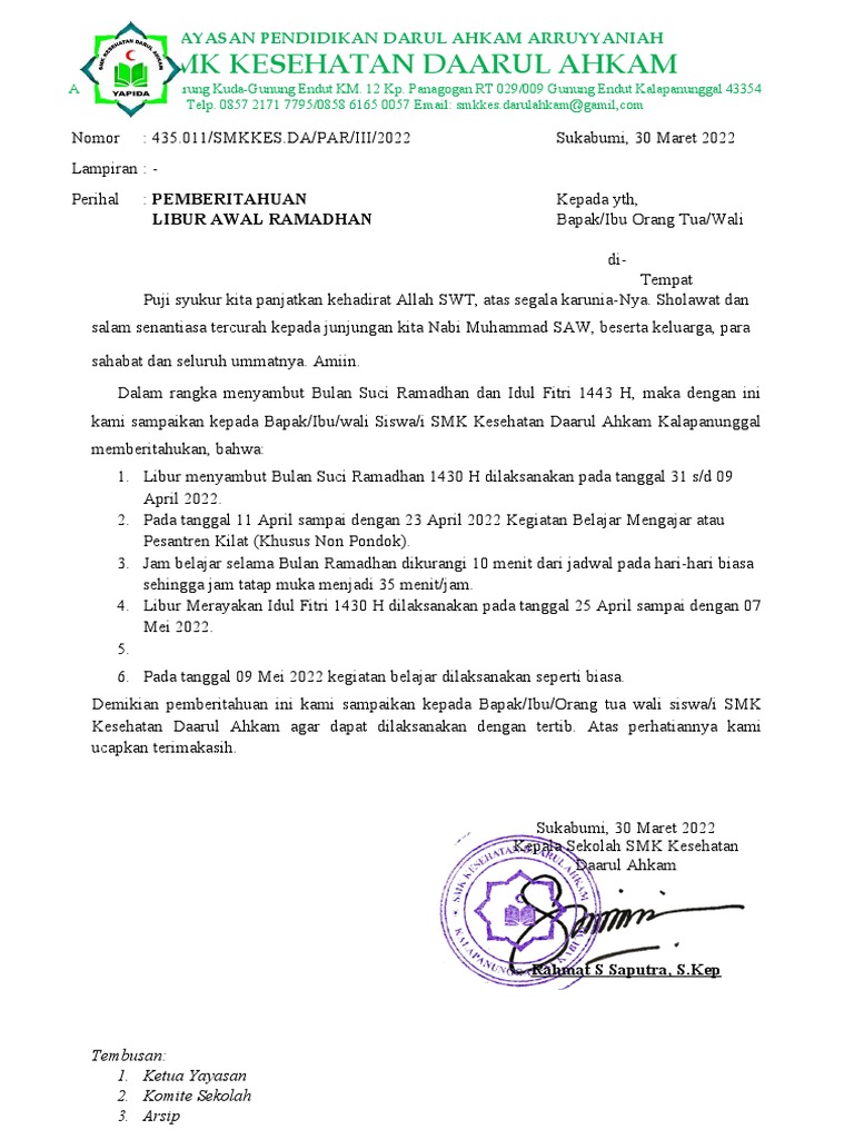 Surat Pemberitahuan Awal Ramadhan | PDF