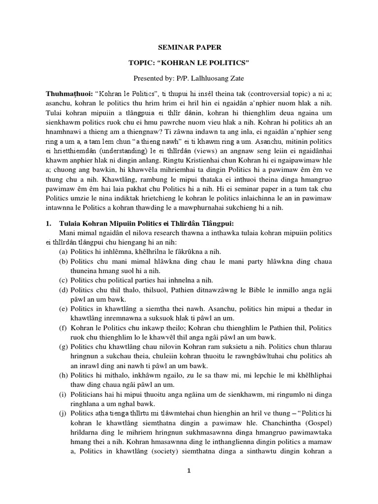 Seminar Paper Topic: "Kohran Le Politics" | PDF | Ethical Principles