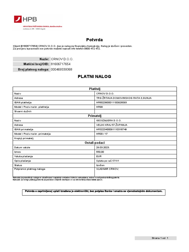 Potvrda: Naziv: Matični broj/OIB: Broj Platnog Naloga | PDF