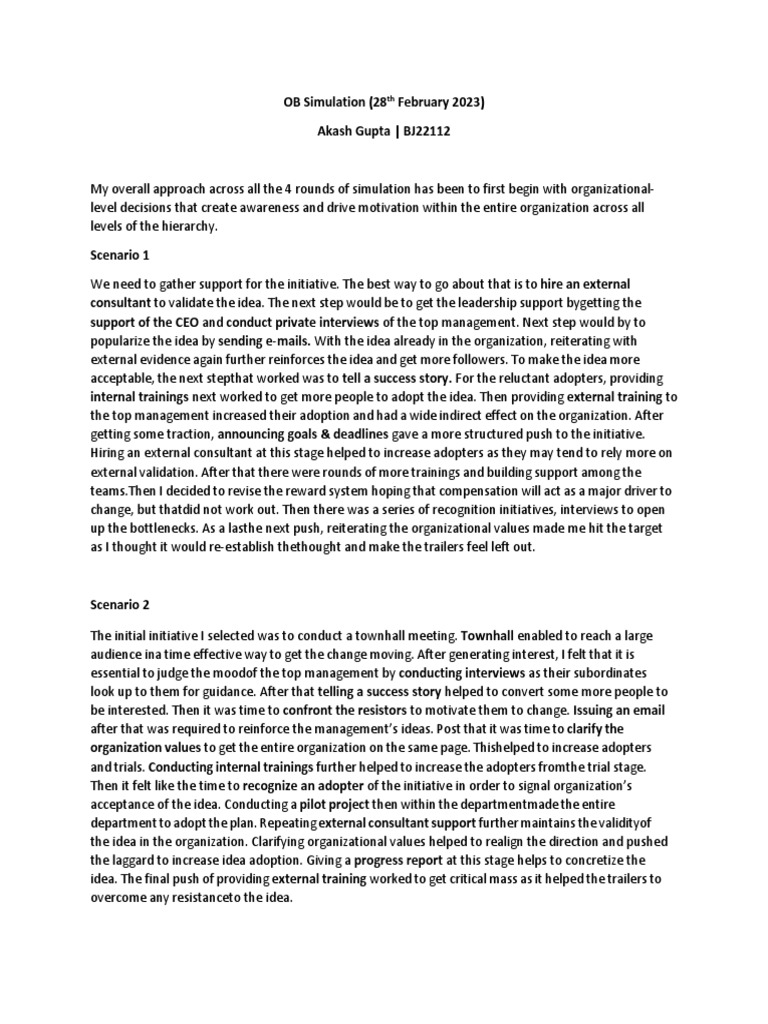 Organization Behavior Simulation Summary Pdf Psychology