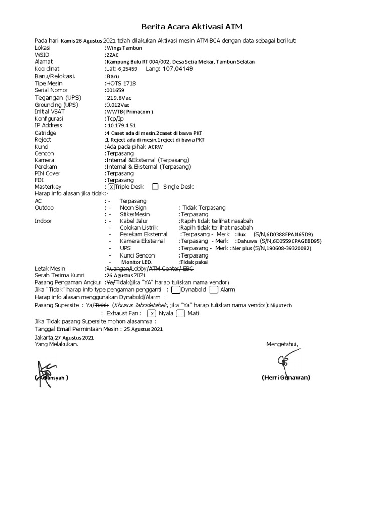 Berita Acara Aktivasi ATM: 107,04149 Baru/Relokasi.:Baru Tegangan (UPS ...
