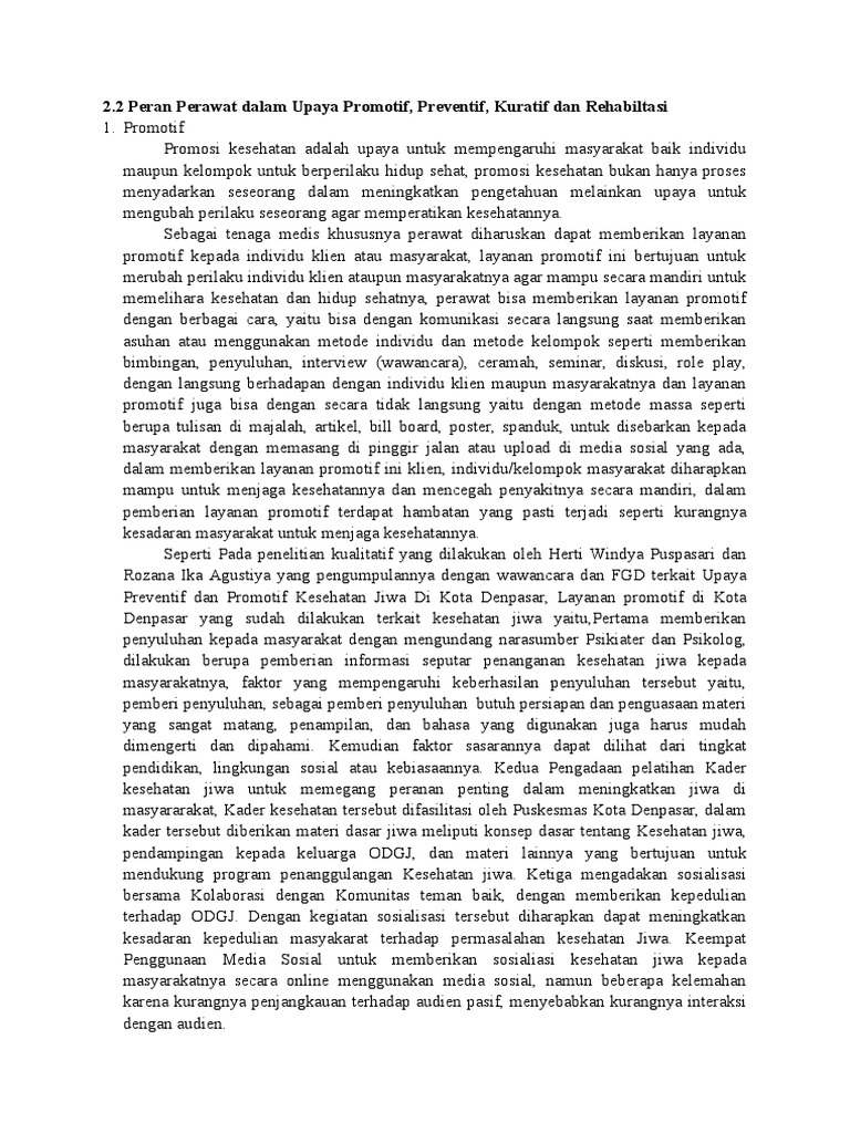 Peran Perawat Dalam Upaya Promotif, Preventif, Kuratif, Rehabilitasi | PDF