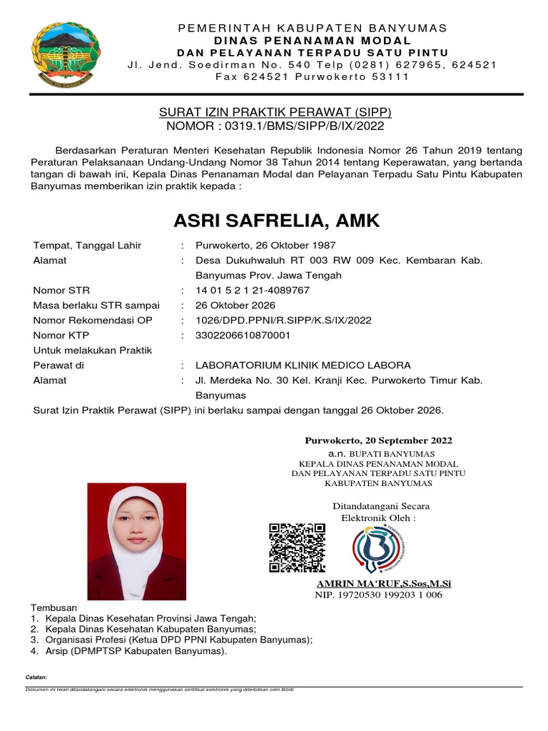 Asri Safrelia, Amk: Surat Izin Praktik Perawat (Sipp) NOMOR: 0319.1/BMS/SIPP/B/IX/2022 | PDF