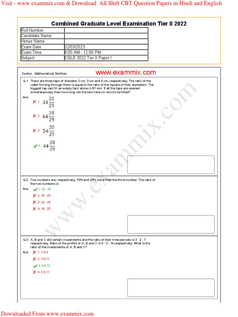 Combined Graduate Level Examination Tier II 2022 | PDF | Question | Mathematics