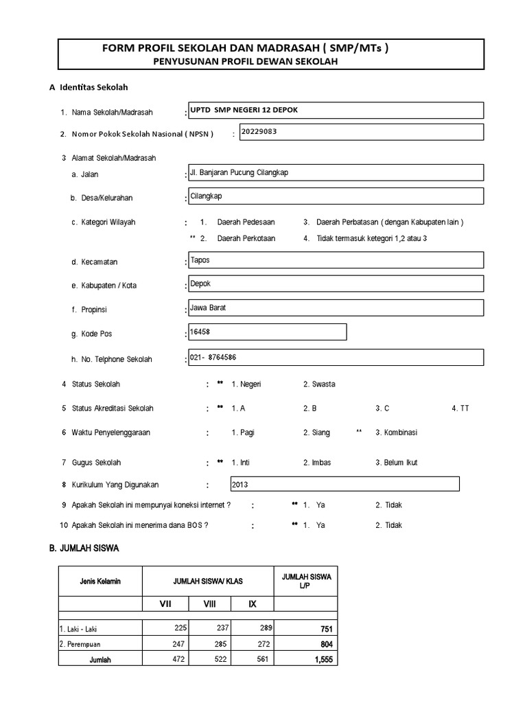 Form Profil Sekolah Dan Madrasah (SMP/MTS) | PDF