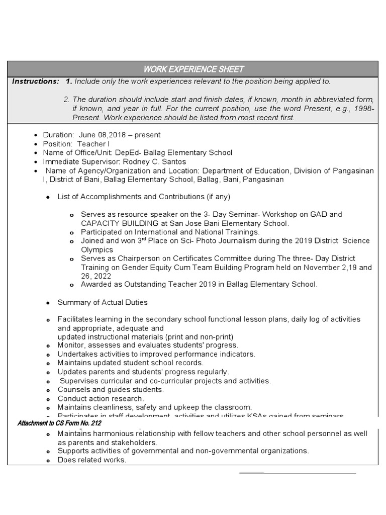 CS Form No. 212 Attachment - Work Experience Sheet | PDF | Teachers ...