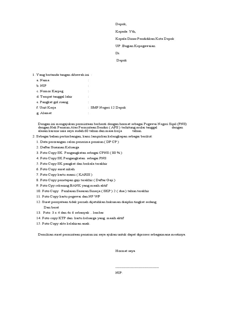 Surat Permohonan Pensiun PNS APS | PDF