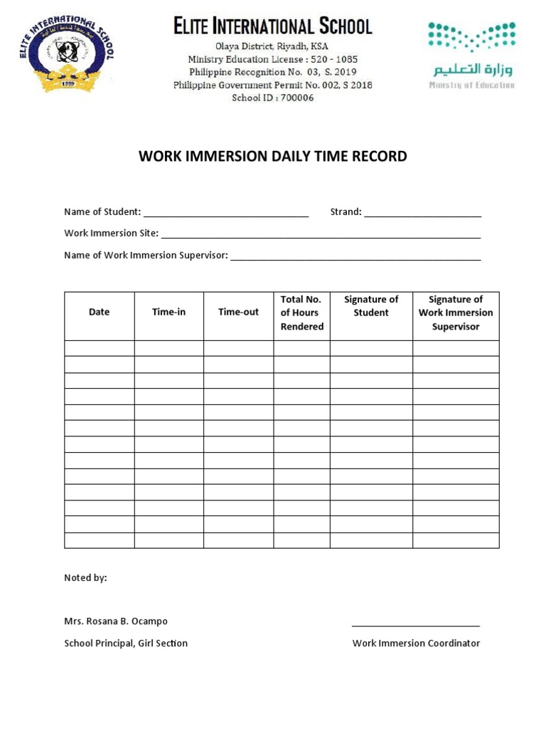 Work Immersion Daily Time Record | PDF | Career & Growth
