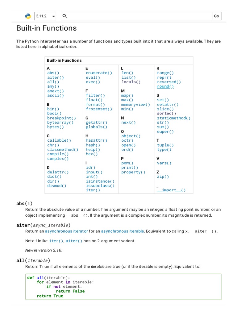 Built-In Functions - Python 3.11.2 Documentation | PDF | Boolean Data Type | Software Engineering