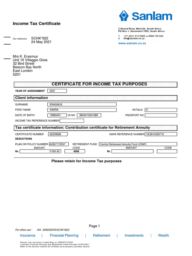 Sanlam Rsa Benefit Statement | PDF | Retirement | Insurance
