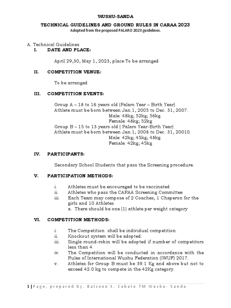 Wushu Sanda Technical Guidelines CARAA 2023 | PDF