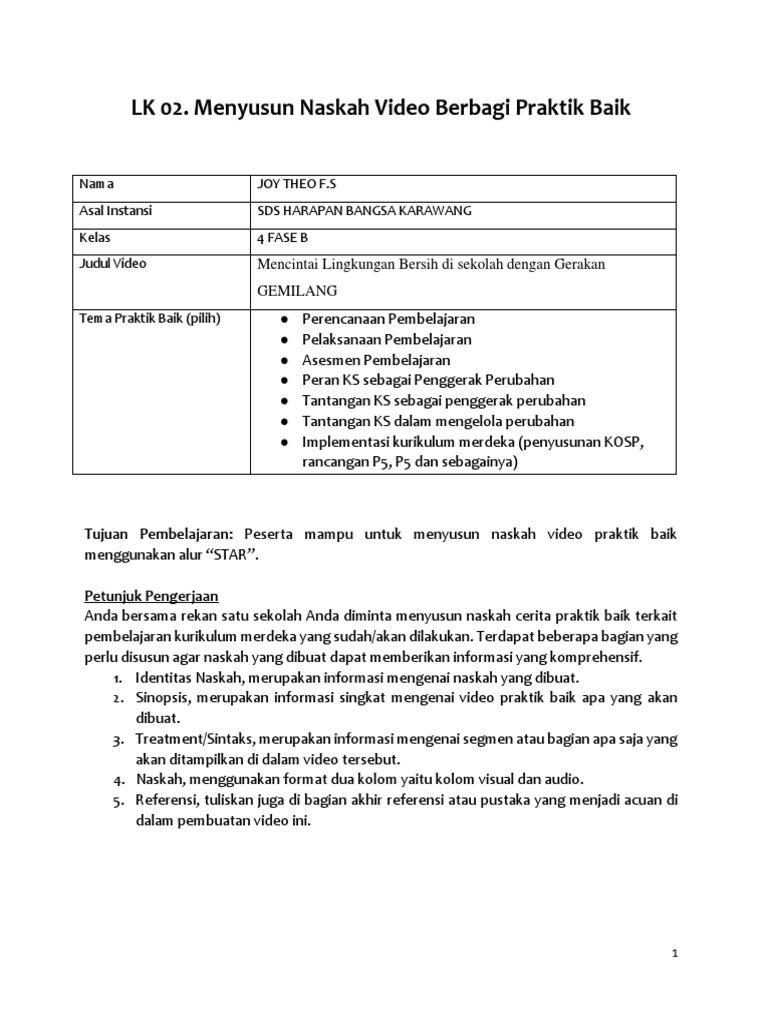 LK 02. Menyusun Naskah Video Praktik Baik | PDF