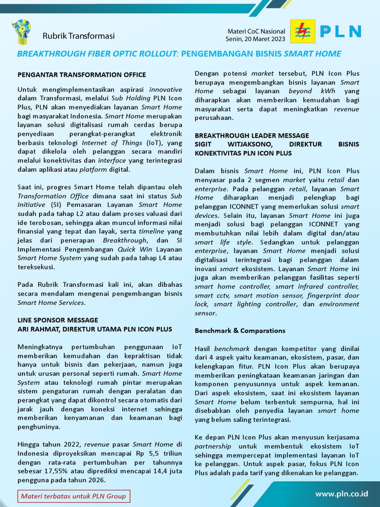 Materi CoC Nasional - BREAKTHROUGH FIBER OPTIC ROLLOUT PENGEMBANGAN BISNIS SMART HOME v02 | PDF