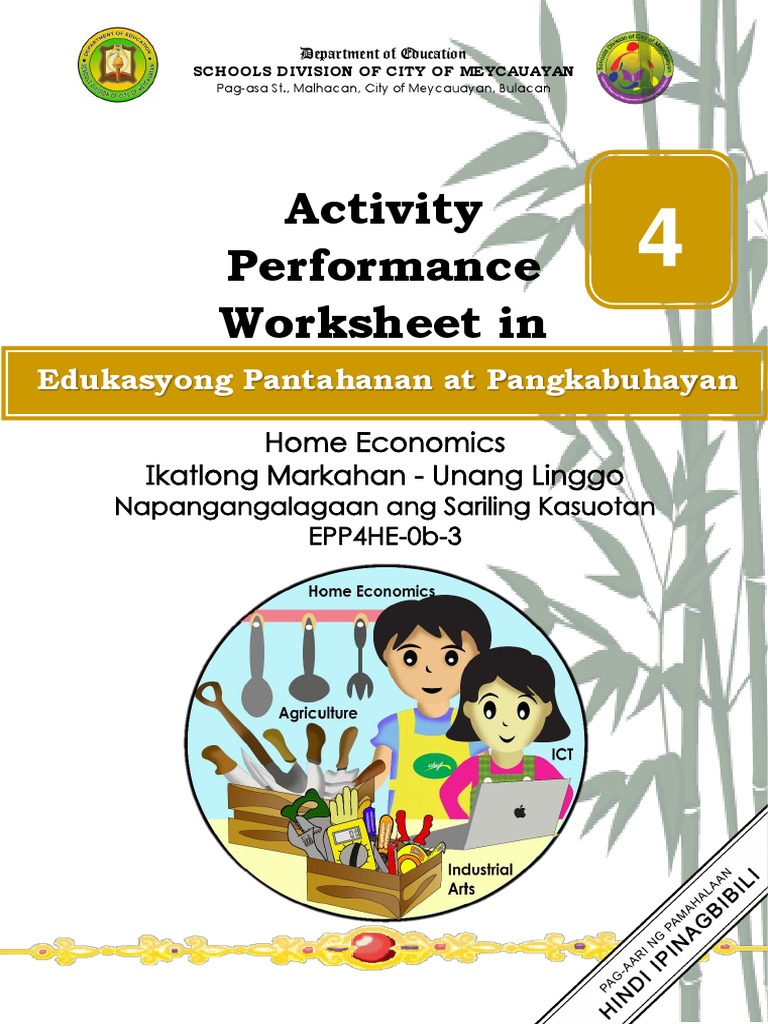 Activity Performance Worksheet In: Edukasyong Pantahanan at ...