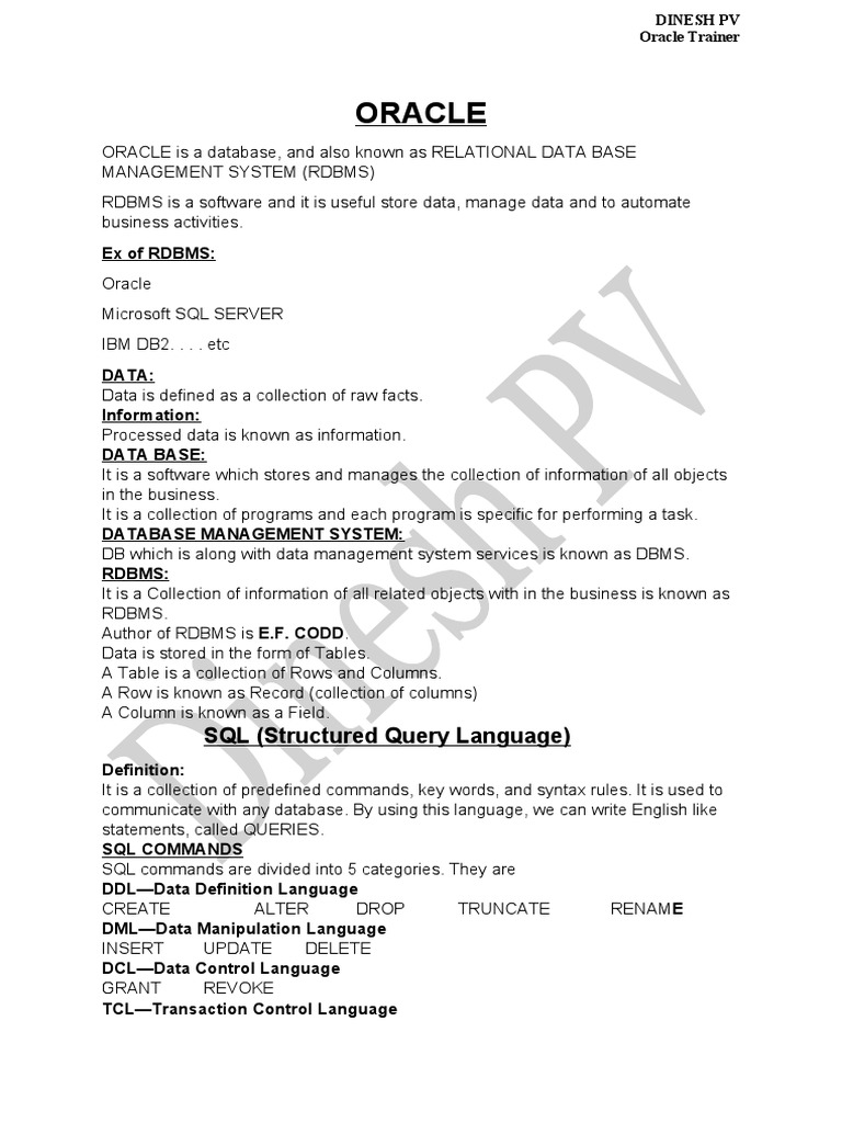 Oracle Notes Sathya Pdf Relational Database Sql