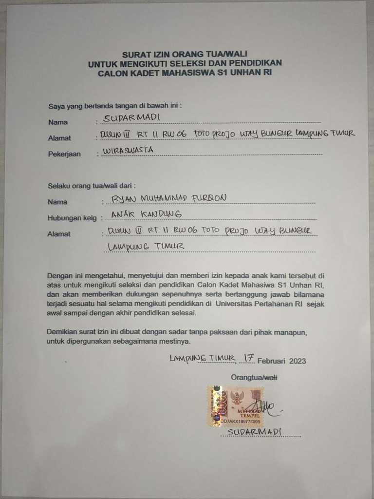 surat izin orang tua unhan_compressed | PDF