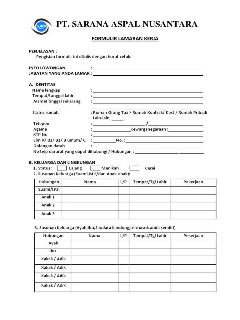 Formulir Lamaran Kerja San Pdf