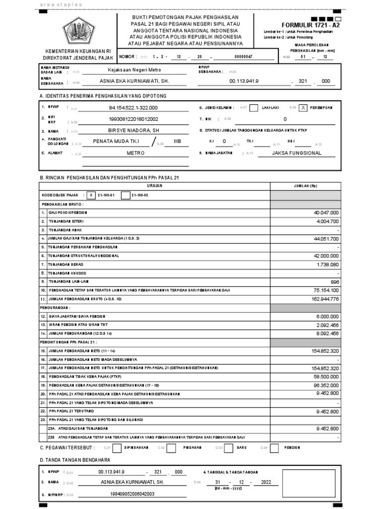 Bukti Potong Pajak Formulir 1721 A2 | PDF