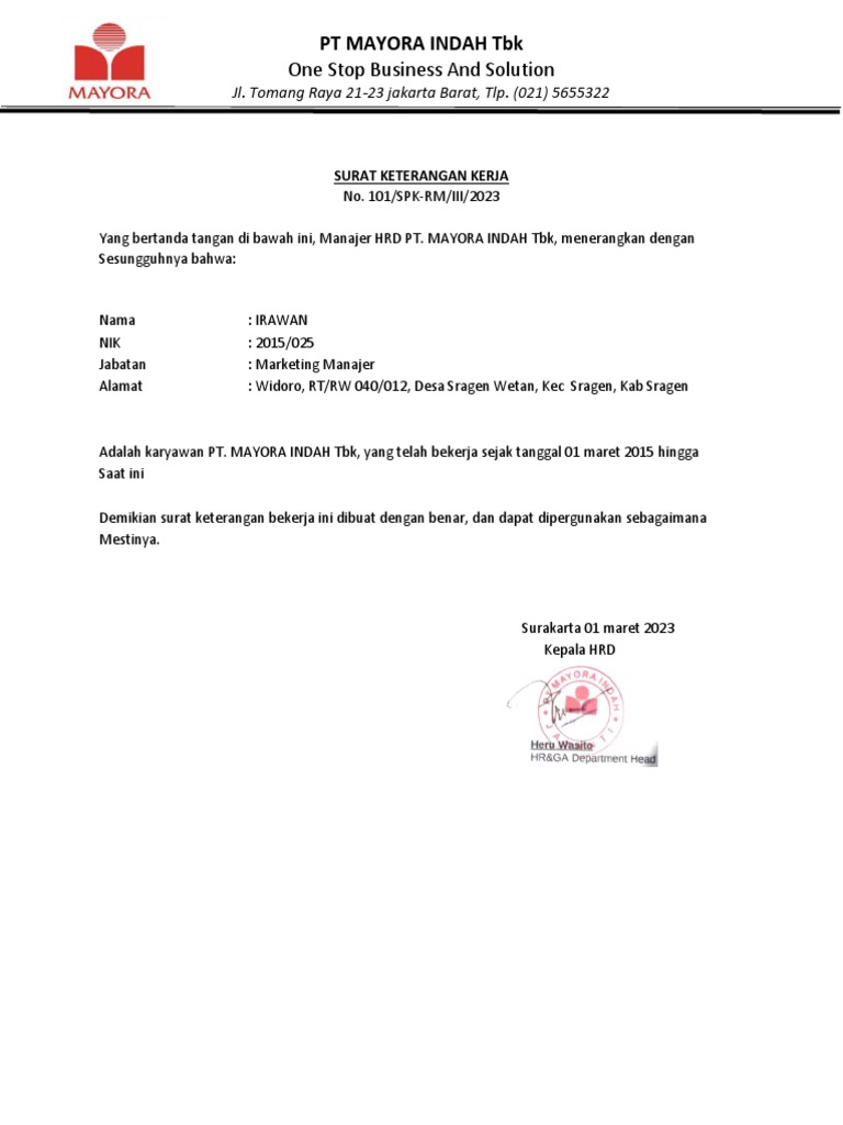 Surat Keterangan Kerja PT Mayora | PDF