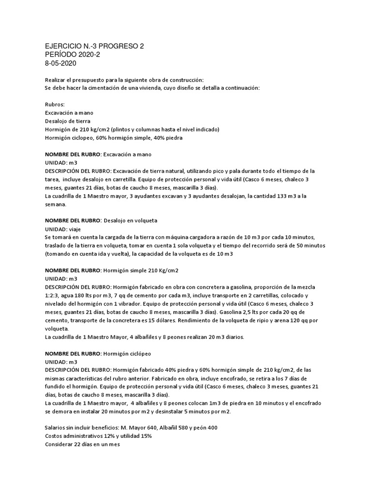 Ejercicio N.-3 Progreso 2 | PDF | Hormigón