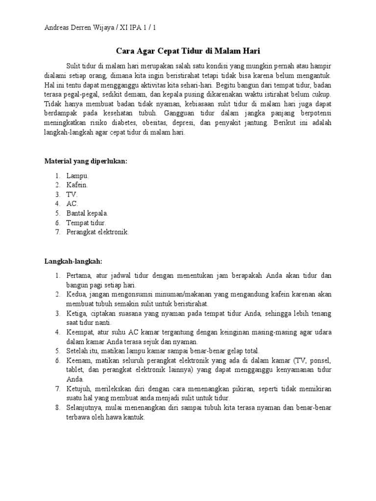 Teks Prosedur 1 (Cara Agar Cepat Tidur Di Malam Hari) | PDF