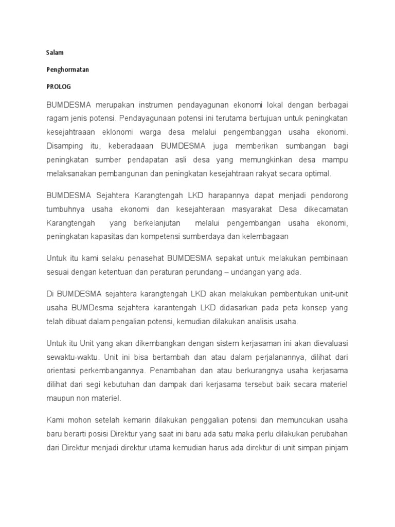 Contoh Sambutan Penasehat BUMDESMA | PDF