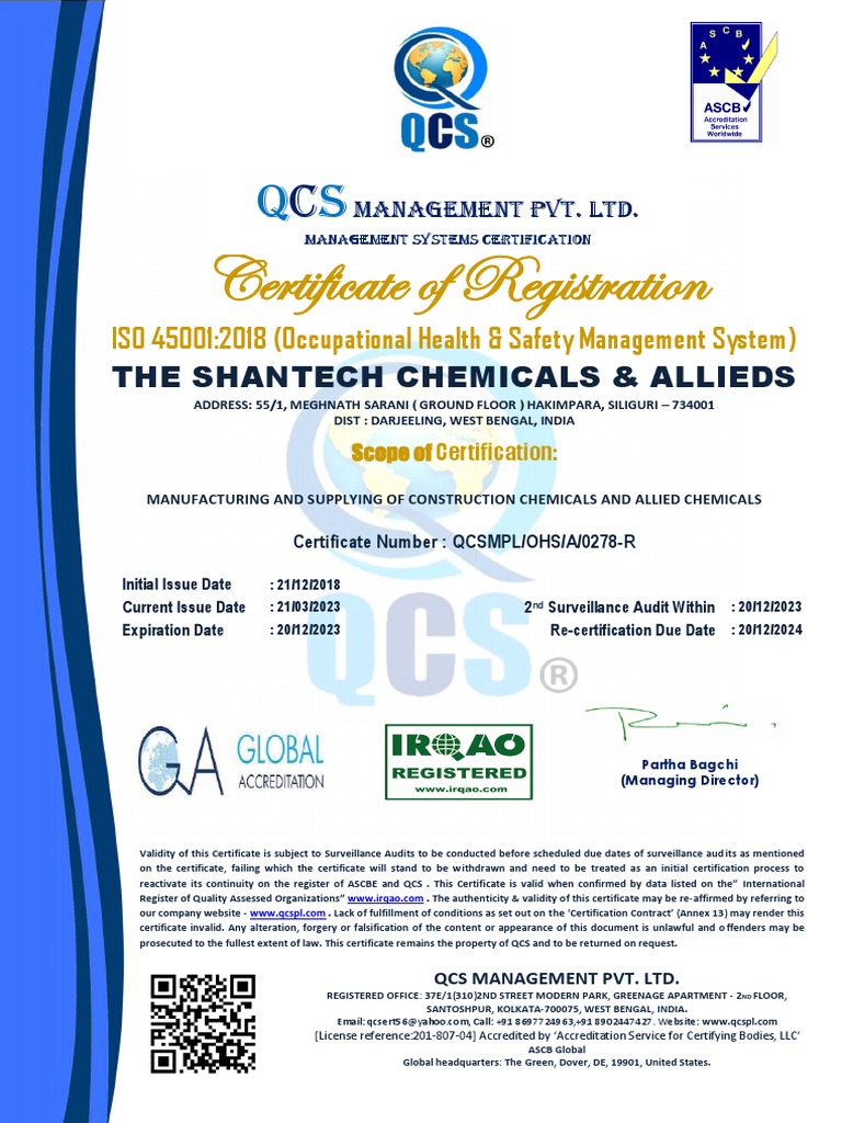 OHS Certification for Shantech Chemicals | PDF | Certification
