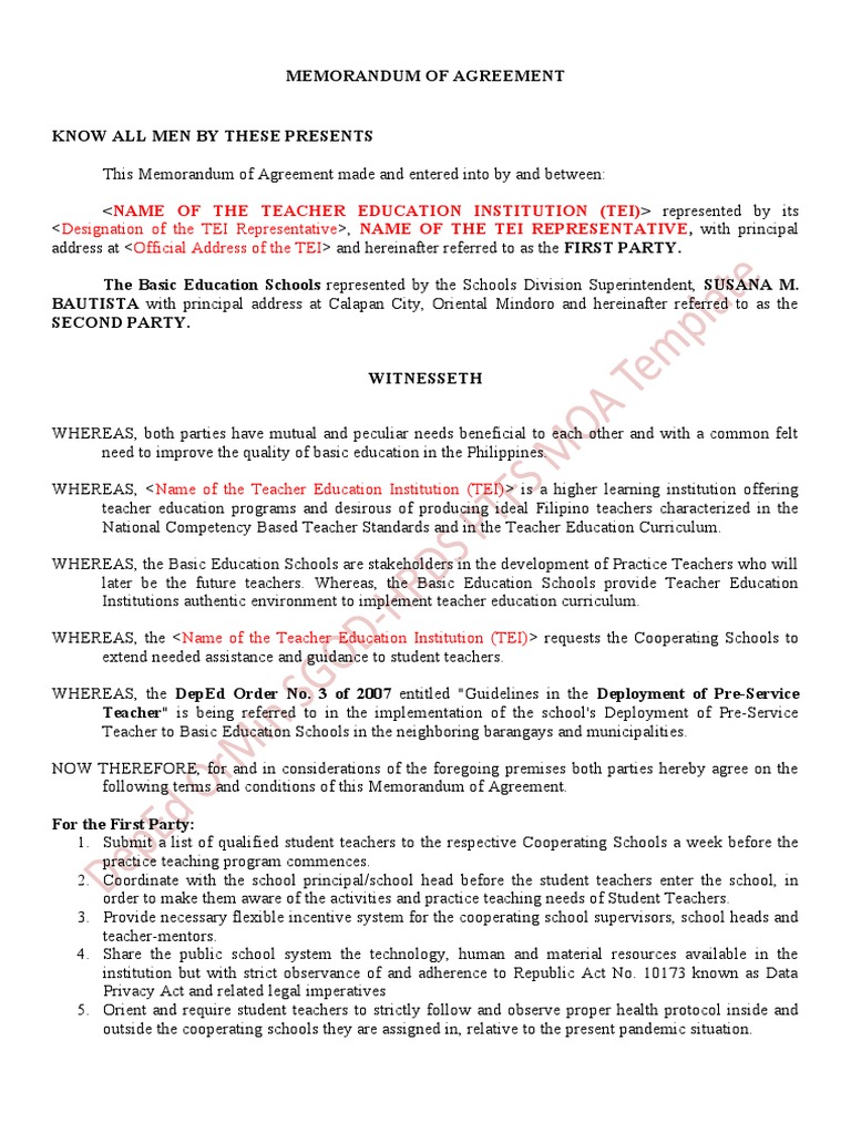 Memorandum of Agreement for Teacher Education Institution and Basic Education School Partnership ...