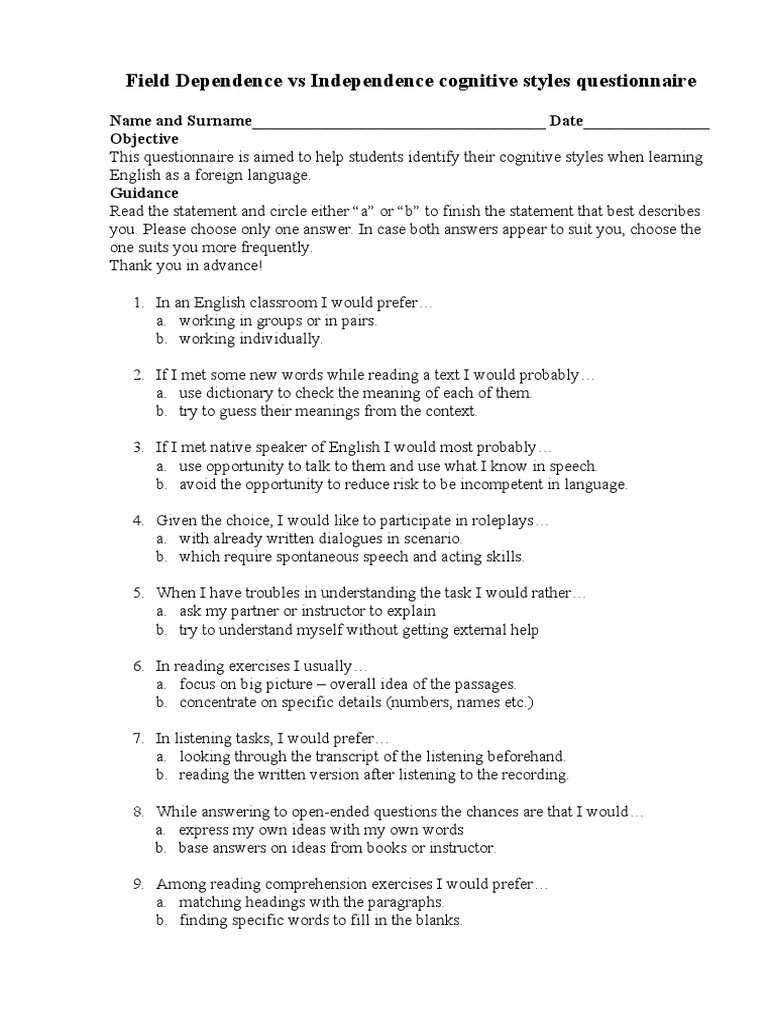 Field Dependence Vs Independence Cognitive Styles Questionnaire ...