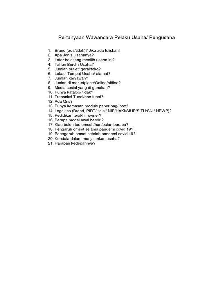 Pertanyaan Wawancara Pelaku Usaha/ Pengusaha | PDF