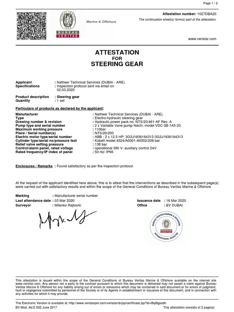 BV Class Certifcate | PDF | Pump | Manufactured Goods