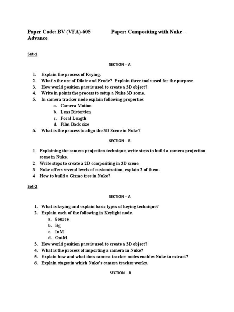 Paper Code: BV (VFA) - 605 Paper: Compositing With Nuke - Advance | PDF | Camera | 3 D Computer ...